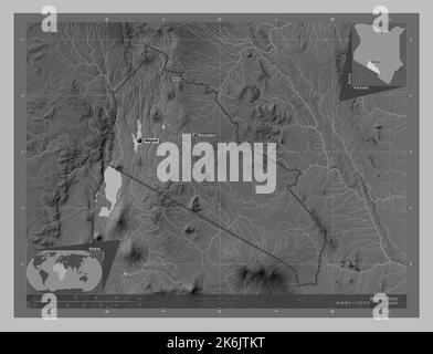 Kajiado, county of Kenya. Grayscale elevation map with lakes and rivers ...