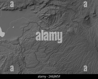 Kericho, county of Kenya. Grayscale elevation map with lakes and rivers ...