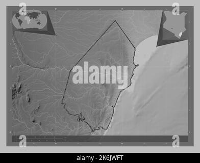 Kilifi, county of Kenya. Grayscale elevation map with lakes and rivers ...