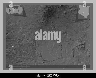 Kirinyaga, county of Kenya. Grayscale elevation map with lakes and ...
