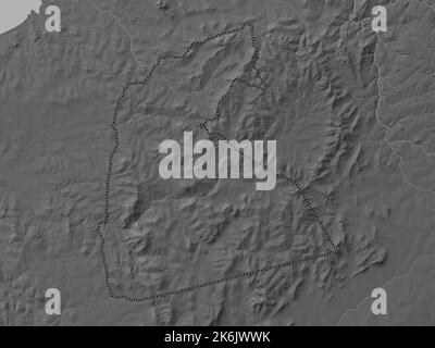 Kisii, county of Kenya. Grayscale elevation map with lakes and rivers ...