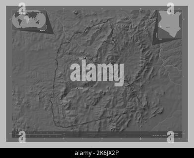 Kisii, county of Kenya. Grayscale elevation map with lakes and rivers ...