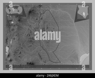 Kitui, county of Kenya. Grayscale elevation map with lakes and rivers ...