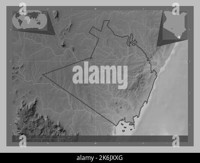 Kwale, county of Kenya. Grayscale elevation map with lakes and rivers ...