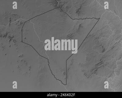 Mandera, county of Kenya. Grayscale elevation map with lakes and rivers ...