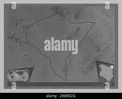 Mandera, county of Kenya. Grayscale elevation map with lakes and rivers ...