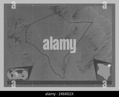Mandera, county of Kenya. Grayscale elevation map with lakes and rivers ...