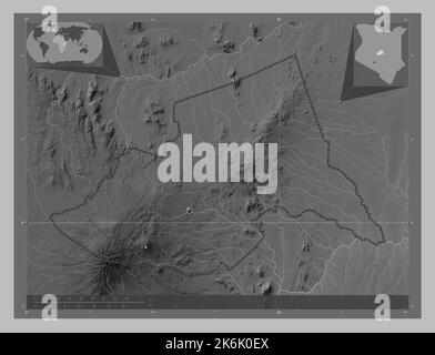 Meru, county of Kenya. Grayscale elevation map with lakes and rivers ...