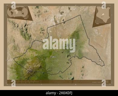 Meru, county of Kenya. Low resolution satellite map. Locations of major ...