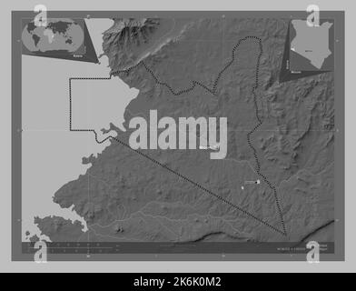 Migori, county of Kenya. Grayscale elevation map with lakes and rivers ...