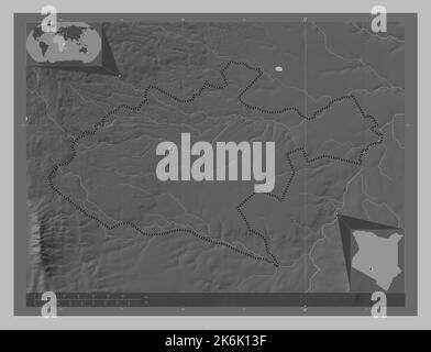 Nairobi, county of Kenya. Grayscale elevation map with lakes and rivers ...