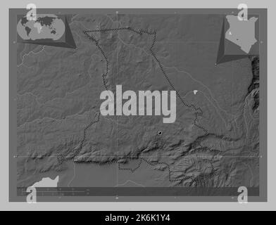 Nandi, county of Kenya. Grayscale elevation map with lakes and rivers ...