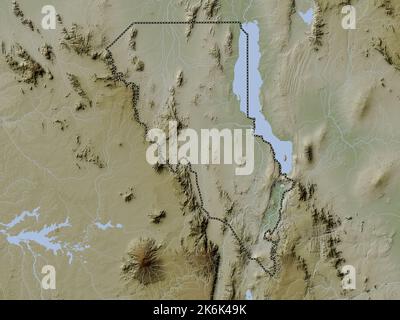 Turkana, county of Kenya. Colored elevation map with lakes and rivers ...