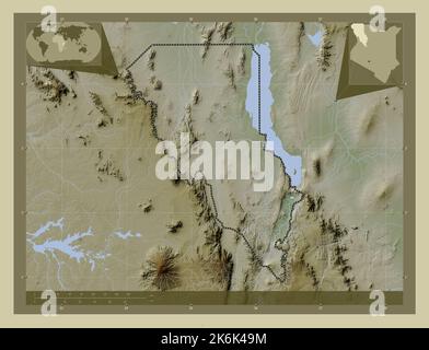 Turkana, county of Kenya. Colored elevation map with lakes and rivers ...