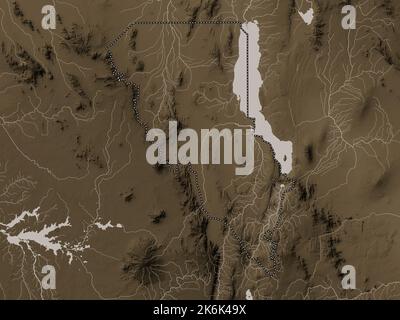 Turkana, county of Kenya. Colored elevation map with lakes and rivers ...