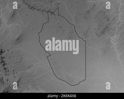 Wajir, county of Kenya. Grayscale elevation map with lakes and rivers ...