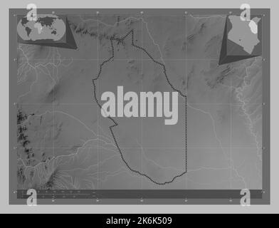 Wajir, county of Kenya. Grayscale elevation map with lakes and rivers ...