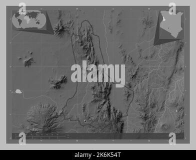 West Pokot, county of Kenya. Grayscale elevation map with lakes and ...
