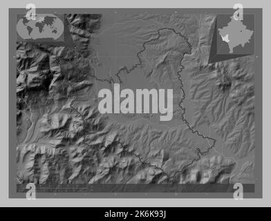 Gjakova, municipality of Kosovo. Elevation map colored in wiki style with lakes and rivers ...