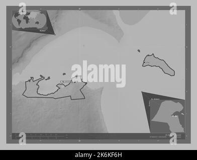 Al Asimah, province of Kuwait. Grayscale elevation map with lakes and ...