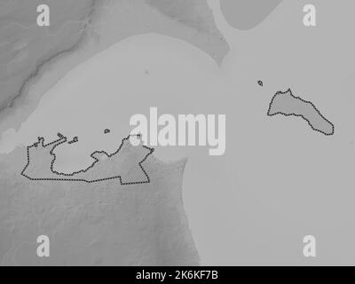 Al Asimah, province of Kuwait. Grayscale elevation map with lakes and ...