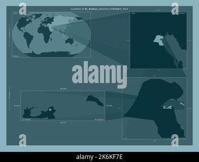 Al Asimah, province of Kuwait. Solid color shape. Locations of major ...