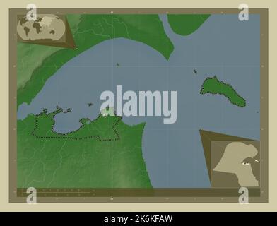 Al Asimah, province of Kuwait. Colored elevation map with lakes and ...