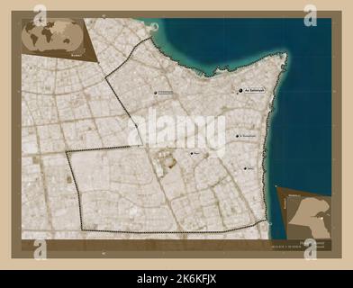 Hawalli, province of Kuwait. Low resolution satellite map. Locations of major cities of the ...