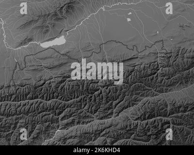 Batken, province of Kyrgyzstan. Grayscale elevation map with lakes and ...