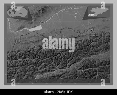 Batken, province of Kyrgyzstan. Grayscale elevation map with lakes and ...