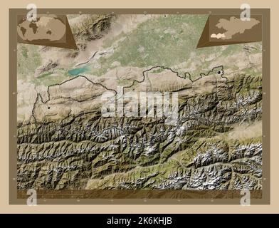 Batken, province of Kyrgyzstan. Low resolution satellite map. Corner ...