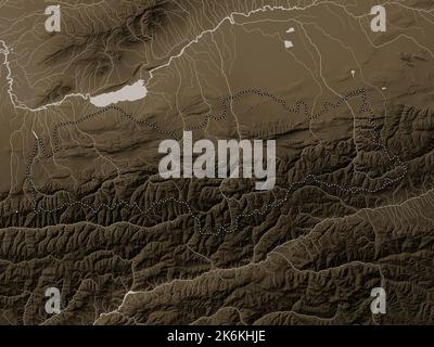 Batken, province of Kyrgyzstan. Colored elevation map with lakes and ...