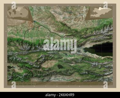 Chuy, province of Kyrgyzstan. High resolution satellite map. Corner ...