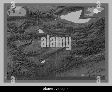 Naryn, province of Kyrgyzstan. Grayscale elevation map with lakes and ...
