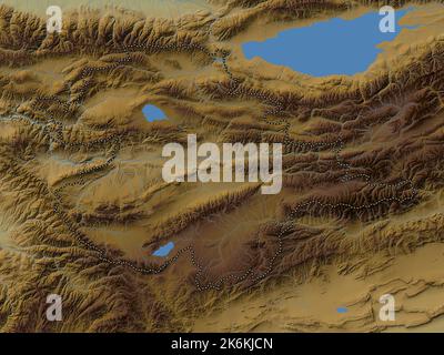 Naryn, province of Kyrgyzstan. Colored elevation map with lakes and ...