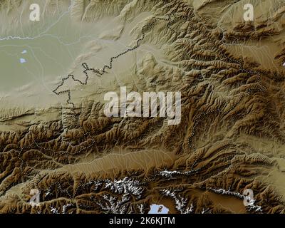 Osh, city of Kyrgyzstan. Colored elevation map with lakes and rivers ...
