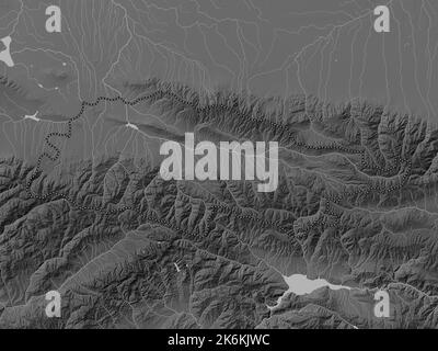 Talas, province of Kyrgyzstan. Grayscale elevation map with lakes and ...