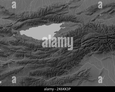 Ysyk-Kol, province of Kyrgyzstan. Grayscale elevation map with lakes ...