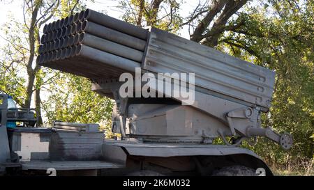 Ukrainian grad missile launcher waits to be deployed outside the city ...