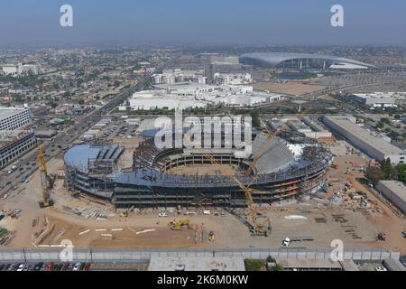 A general overall aerial view of the Intuit Dome construction site with ...