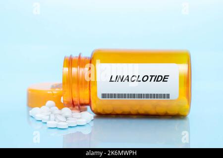 Linaclotide irritable bowel syndrome drug molecule. Atoms are ...
