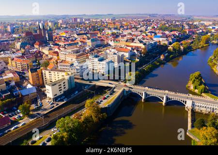 Flight over the city Kolin and Laba river. Czech Republic Stock Photo ...