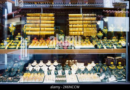 Glass windows of traditional Turkish jewelry stores in Konya Stock ...