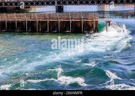 Needle dam in the Reuss River in Lucerne, seen from the Speuerbrücke ...