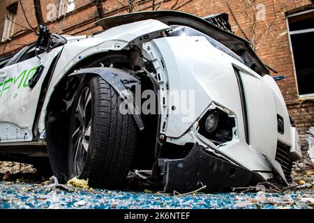Aftermath of massive Russian missile attacks, an office building near ...