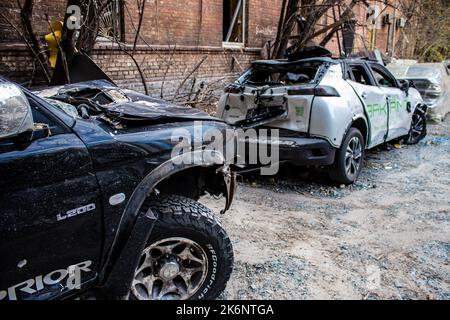 Aftermath of massive Russian missile attacks, an office building near ...