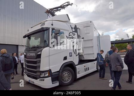 Scania R450 Hybrid diesel electric truck with pantograph for overhead ...