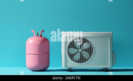 pink tank for refilling freon next to the air conditioning system with ...