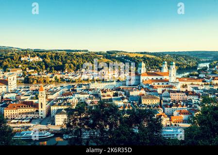Panoramic view of city of Passau in Lower Bavaria in Germany. Toned ...
