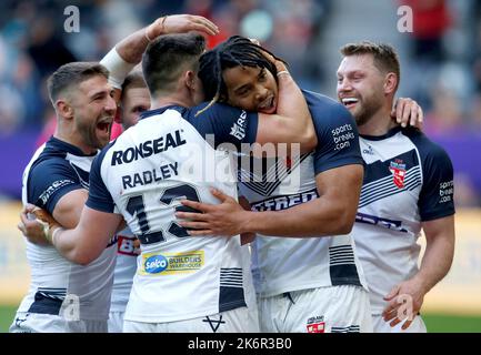 Dom Young of England celebrates his try during the Rugby League World ...
